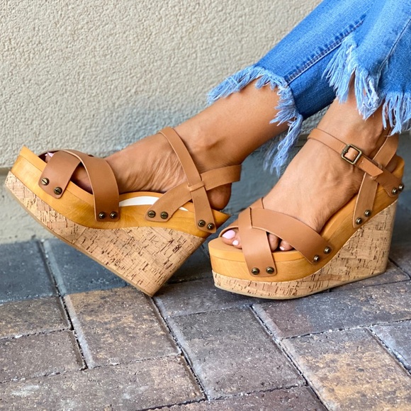 Flogg | Shoes | Flogg Cognac Genuine Leather Cork Platform Wedge | Poshmark